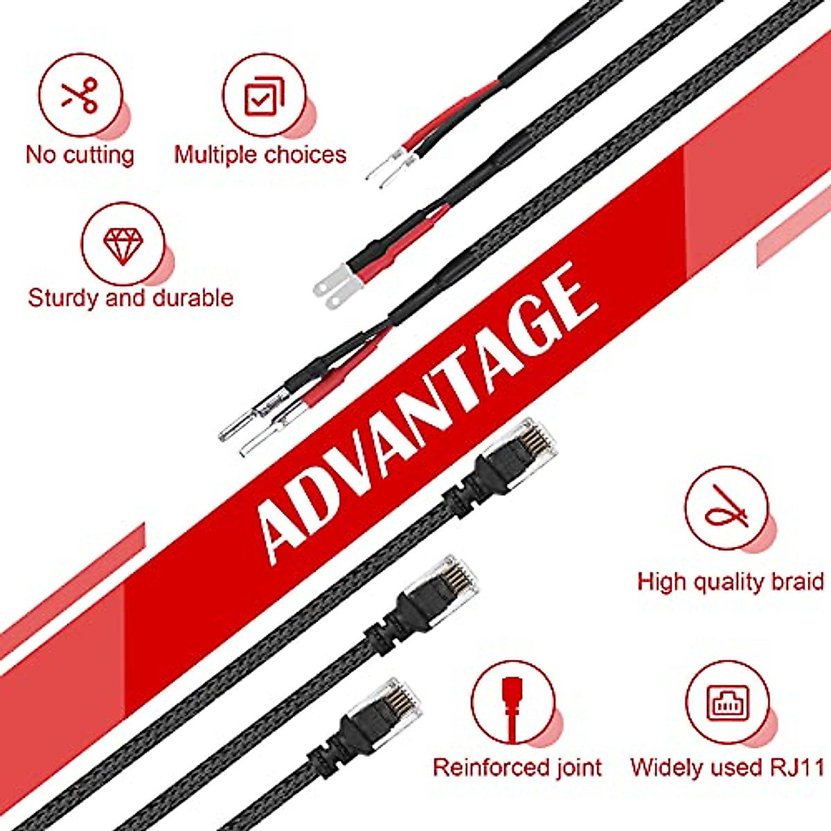 Hydencamm Upgraded Mirror Plug Wire Tap Radar Detector Hardwire Power Cord Kit 16" for Escort Valentine One Uniden Beltronics, Mount RJ11 with Braided Set of 3