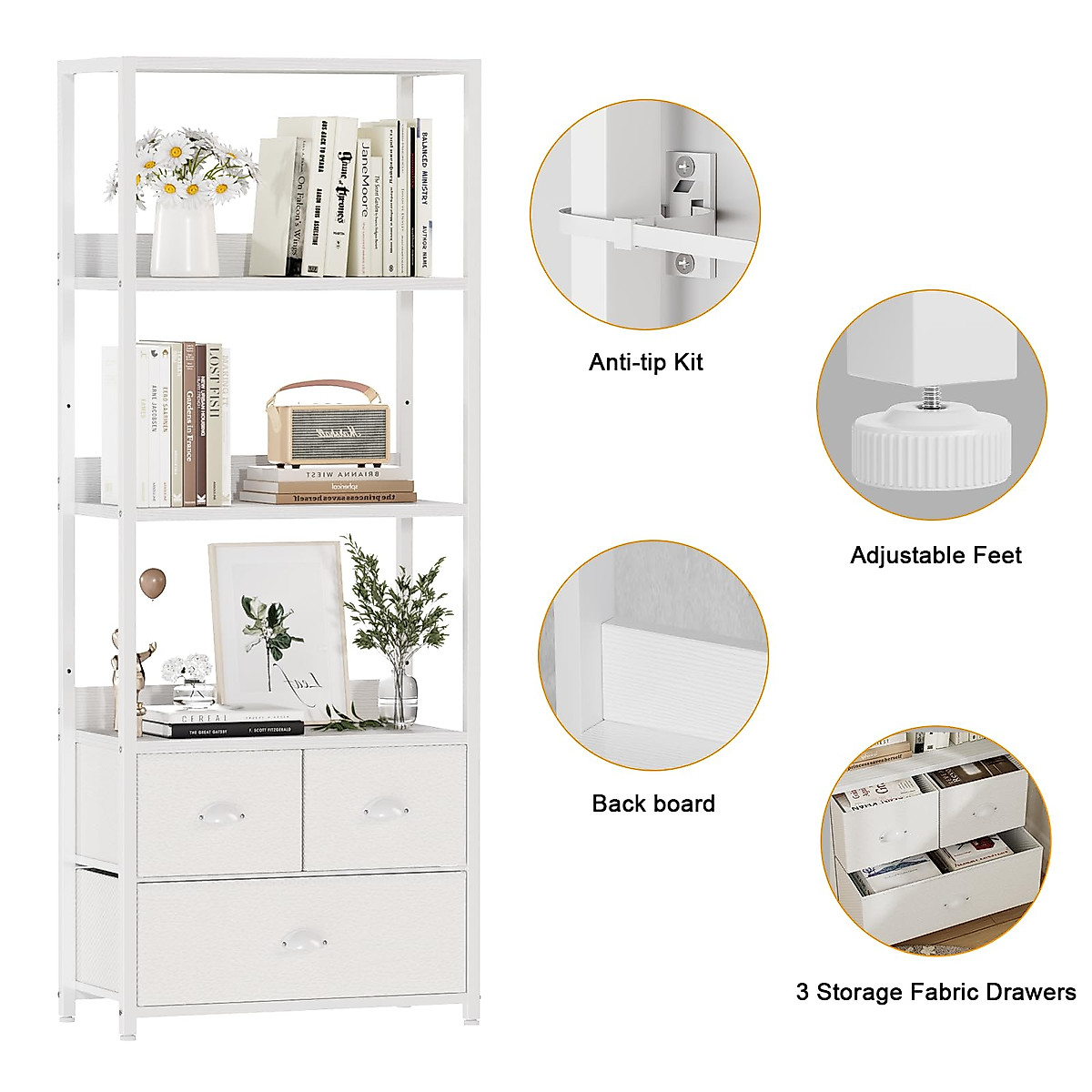 Furnulem White Bookshelf 4 Tier Wood Bookcase with 3 Fabric Drawers, 59" Tall Display Standing Shelf Unit for Living Room,Bedroom,Office,Kitchen,Balcony(White)