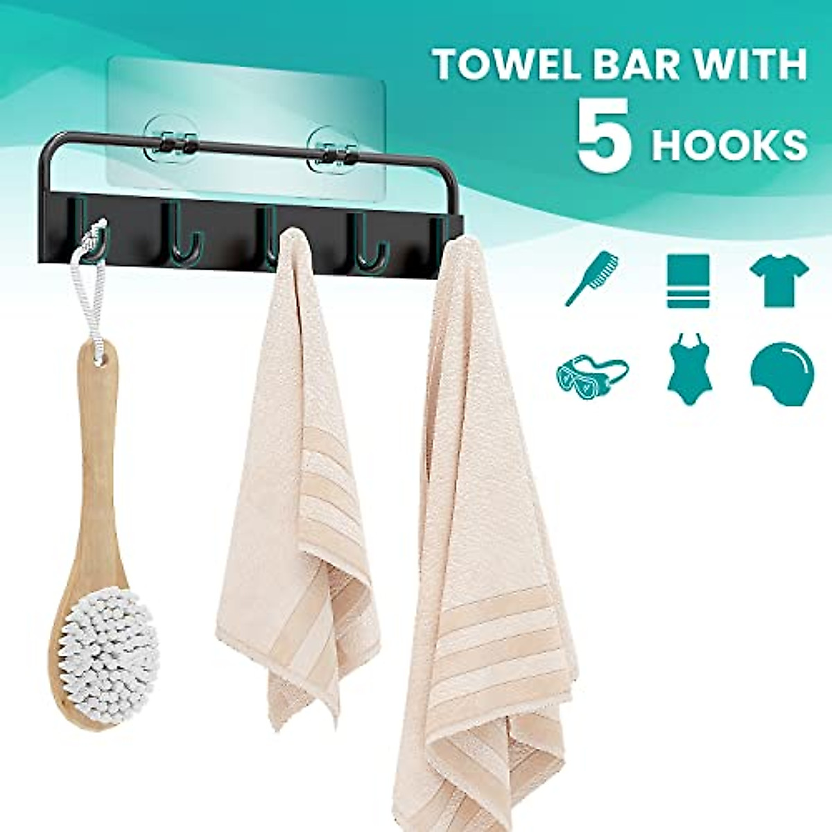 EZFurni Set of 4 Adhesive Shower Caddy, Rustproof Stainless Steel Bathroom Shower Organizer & Towel Holder Included, Solid Shower Shelves for Inside Shower,Roomy Shower Rack, Not Slide Down, Black