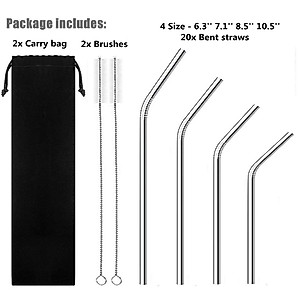 Reusable Stainless Steel Drinking Straws, 20 Pcs 4 Size - 6.3'' 7.1'' 8.5'' 10.5'', BPA Free Long Short Smoothie Drinking Curved Bent Straws with 2 Brushes and Carry Bag, Fit for 10/20/30 oz Tumblers