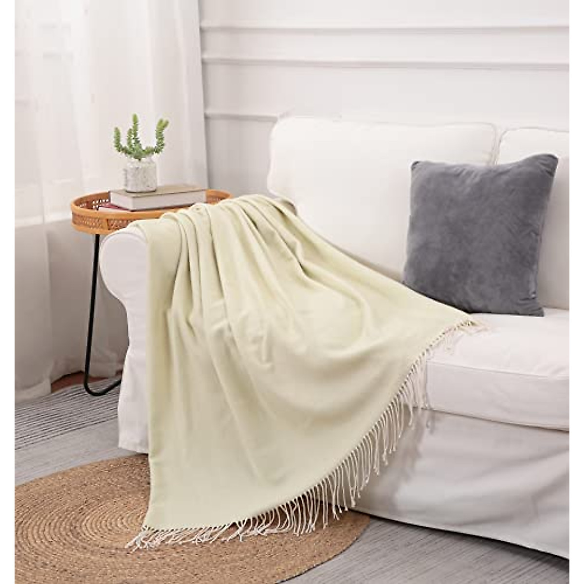 Panku Decorative Herringbone Faux Cashmere Blanket Throw with Fringe, Lightweight Soft Cashmere Like Chevron Throw Blanket with Tassels for Couch Sofa Chair, Farmhouse Boho Blanket 50x60 Sege Green