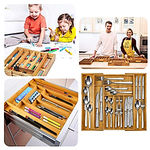 Beolee.Dan Bamboo Adjustable Cutlery Tray,Kitchen Drawer Organizer-Wood Drawer Dividers Organizer for Silverware,Flatware, Knives in Kitchen, Bedroom, Living Room(8 main compartments