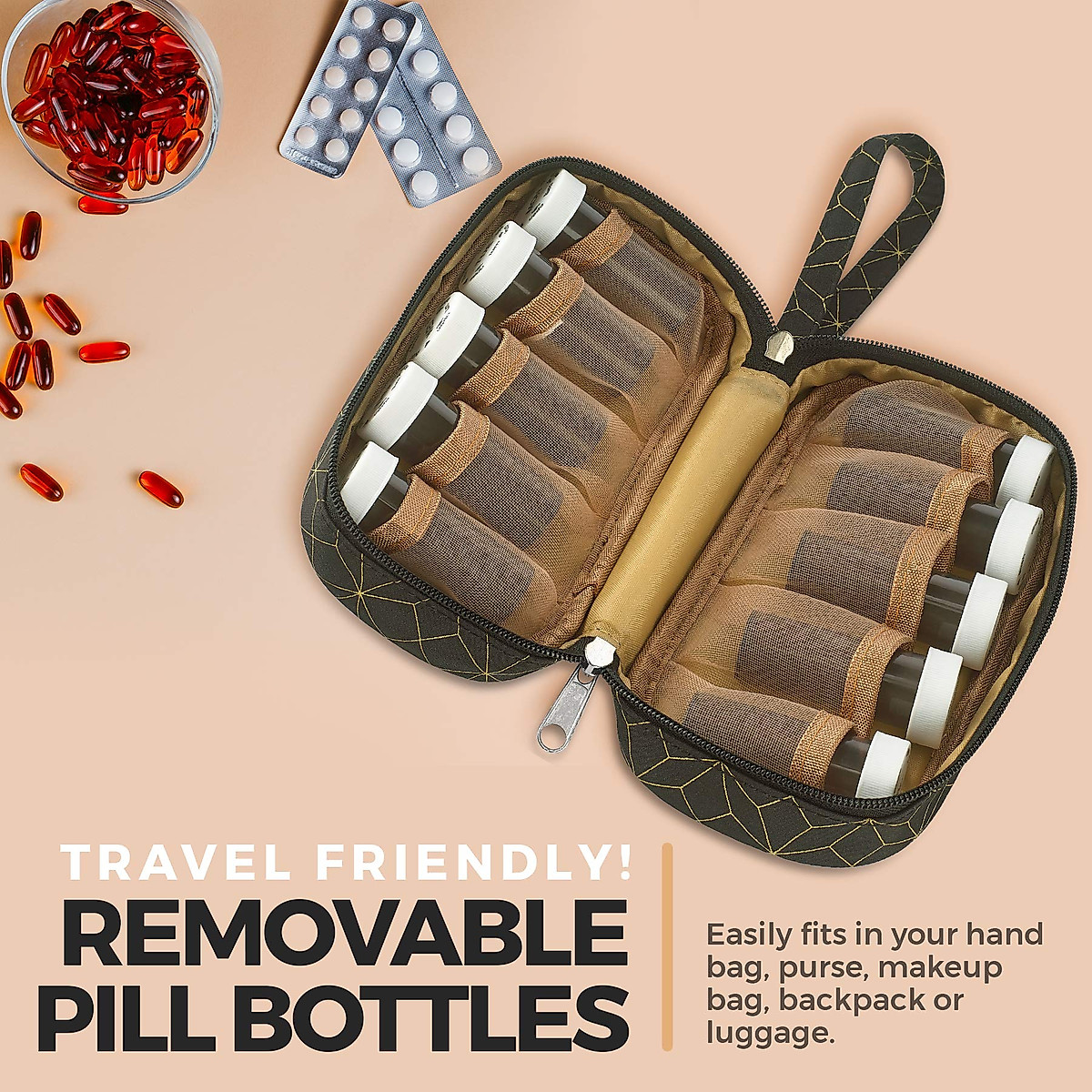 Pill Case and Pills Bottle Organizer - Weekly and Daily Medicine Container Carrier Tote Bag for Weekly Pill Bottles with 3 Extra Daily Bottles
