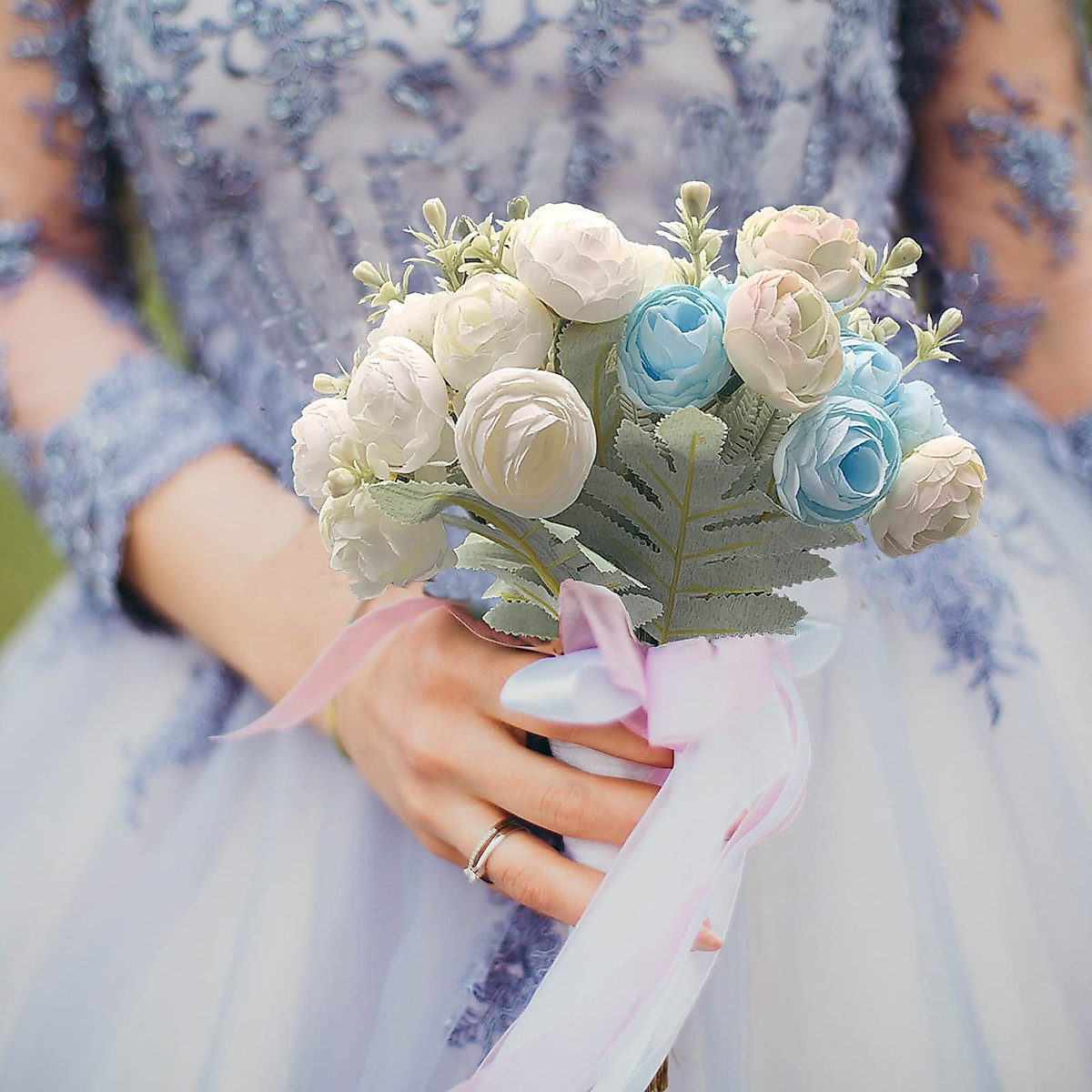 JANESOTO 2 Bundles 36 Artificial Flowers Fake Roses with Stems,Silk Bouquet Home Decorations for Office Table,Garden Party,Bridal,Bedroom,Kitchen Without Vase (White and Blue)