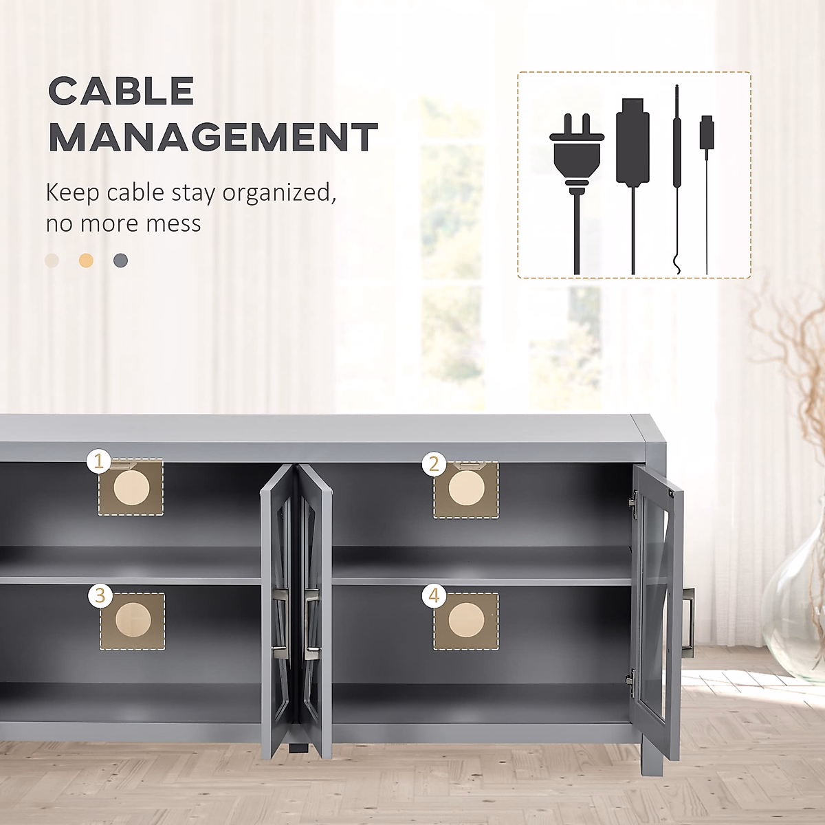 HOMCOM TV Cabinet Stand for TVs up to 58", Entertainment Center with Adjustable Shelves, 4 Glass Doors and 4 Cable Holes for Living Room, Gray