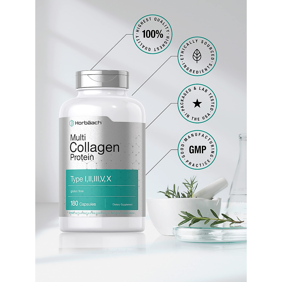 Horbäach Multi Collagen Protein 2000 mg | 180 Capsules | Type I, II, III, V, X | Keto & Paleo Friendly, Gluten Free Supplement