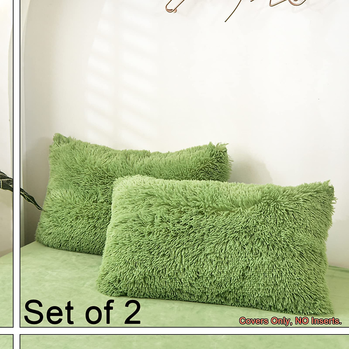 MorroMorn Decorative Pillows Covers, 2 Packs Faux Fur Pillow Cases, Luxury Shaggy Throw Pillowcase Cushion Shams with Zipper Closure Home Decor for Couch Sofa Bed Room (Green, King/Cali King)