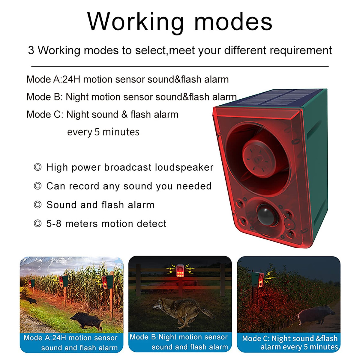 LAFEINA Solar Sound & Strobe Light Alarm Motion Detector, Gunshot & Dog Barking & Recording, Record 20S Custom Message Siren Security Alert System for Farm Barn Villa (1)