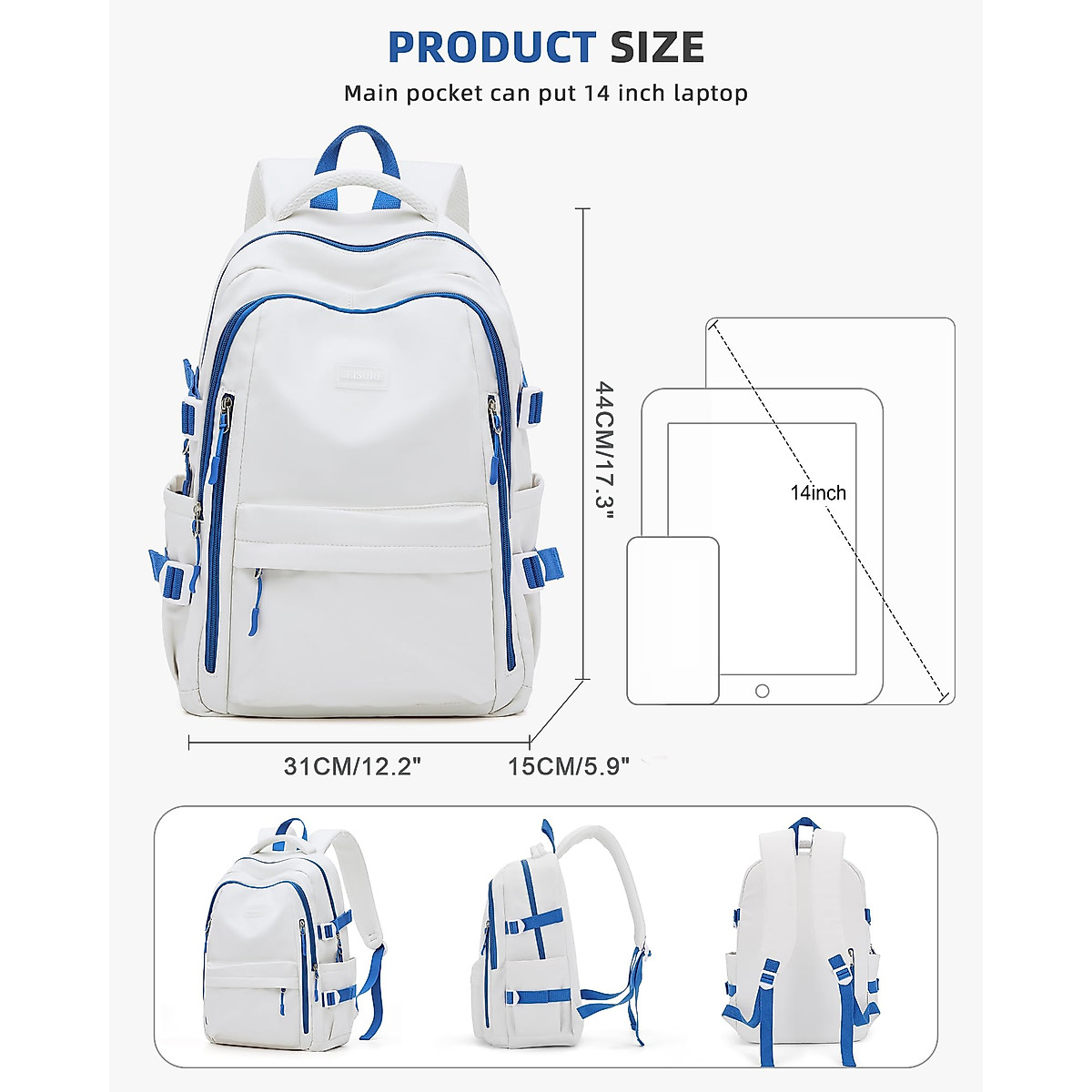 BOXSAM Lightweight Backpack for Women, Large Laptop Travel Backpack Casual Daypack College Bag Rucksack for Men. White