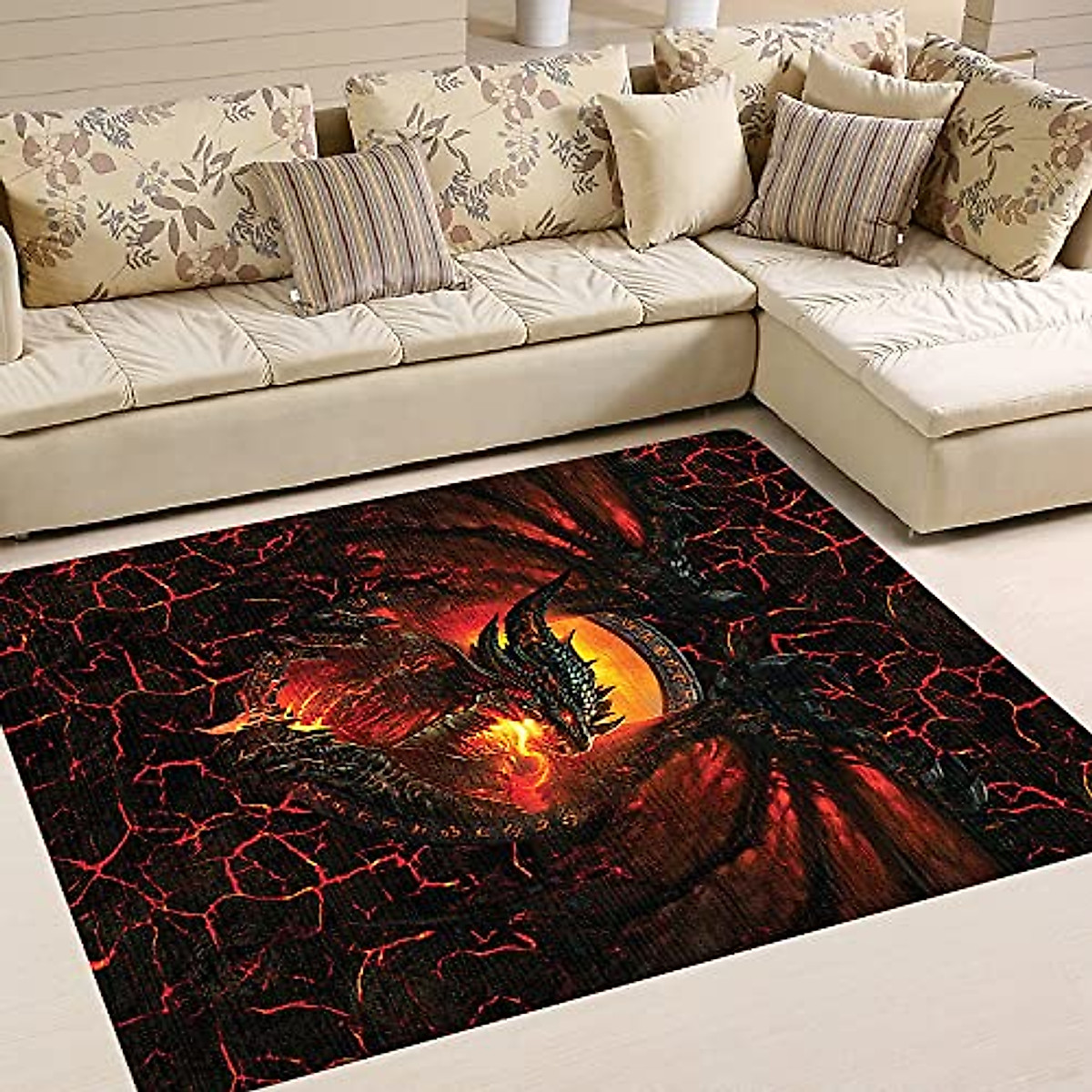 Personalized Red Lava Dragon Rug, Dragon Bathroom Rug 2x3 3x5 4x6 5x8 Area Rug, Dragon Kitchen Decor for Living Room Bedroom Anti-skid Playing Rug Carpet Floor Mat Kitchen Rug, Gifts for Dragon Lovers