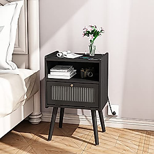 SOOWERY Mid Century Modern Nightstand with Charging Station, Bedside Tables with Glass Decorative Door, End Table Side Table with 2 Tiers Storage Space, for Bedroom, Living Room, Black