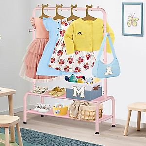 Kids Clothing Rack - Kids Dress Up Clothes Storage Racks - Dress Up Rack for Little Girls - Small Kids Costume Wardrobe Rack with 2 Fabric Floors Storage Shelf - Mini Short Kids Clothing Garment Rack