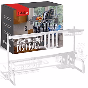 Kitchen Lux Over The Sink Dish Drying Rack - Kitchen Counter Dishes Drainer and Hanging Storage Organizer for Single, Wide, Double Sinks - Space Saving Design, Utensil Holder, Hooks Plate & Cup Rack