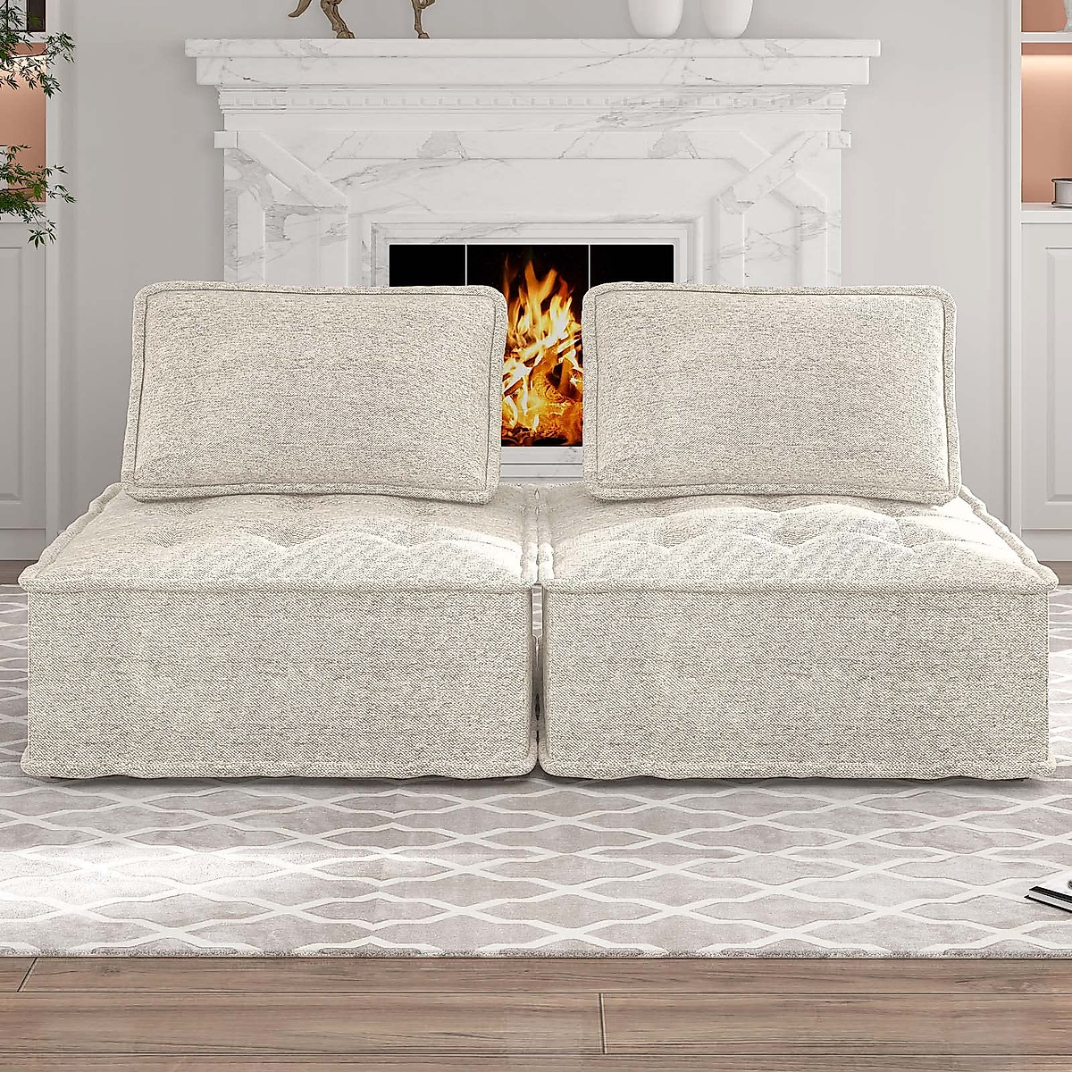 CECER Modular Sectional Sofa, Armless Floor Sofa Couch, Convertible Sofa Bed, Oversized Variable Sectional Sofa Couches for Living Room, Free Combination 2 PC, Beige