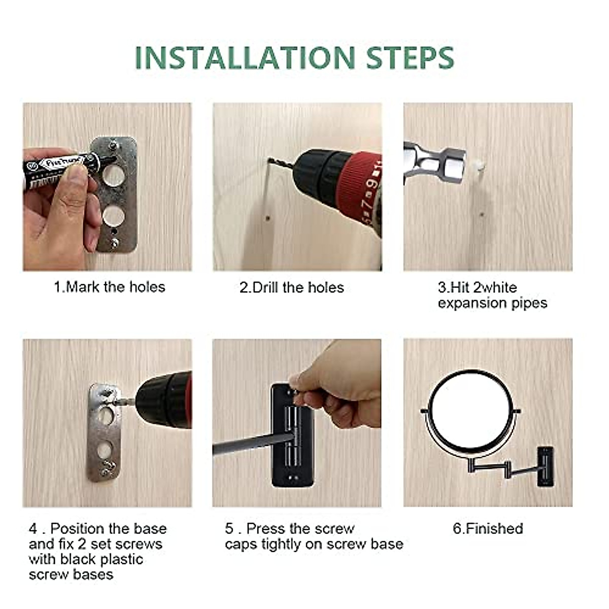 mumianshu Wall Mounted Makeup Mirror, 1x/ 10x Magnifying Makeup Mirror, 8" Double Sided Make up Mirror with 360 Degree Swivel Extendable Arm, Home Bathroom Shaving Vanity Mirror (Black)