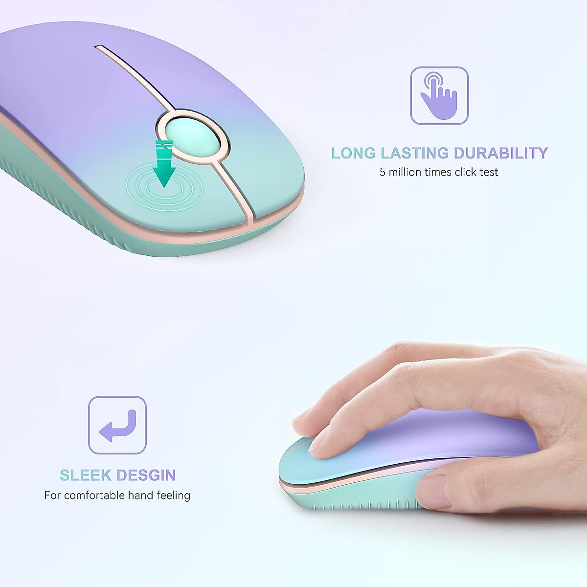 Unipows Wireless Mouse - 2.4G Slim Portable Computer Mouse with Nano Receiver, Less Noise Mobile Optical Mice for Notebook, PC, Laptop, Computer, Mac (Gradient Mint Green to Purple)