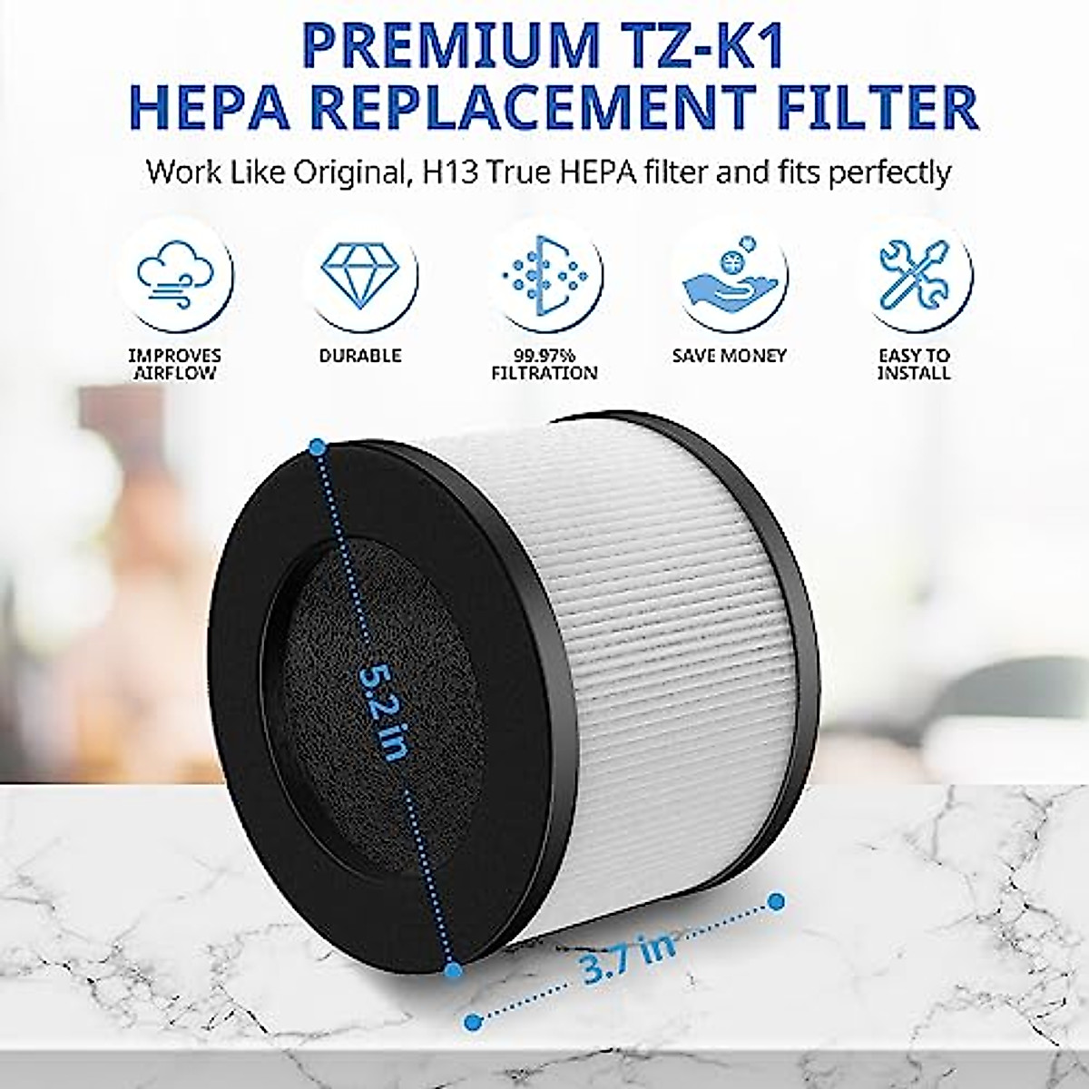 2 Pack TZ-K1 Replacement Filter Compatible with ToLife TZ-K1 Air Puri-fier, AROEVE MK01 MK06 Air Purifi-ers, 3-in-1 H13 HEPA Filter, Activated Carbon and Pre-filter, 360° Rotating Filter(White)