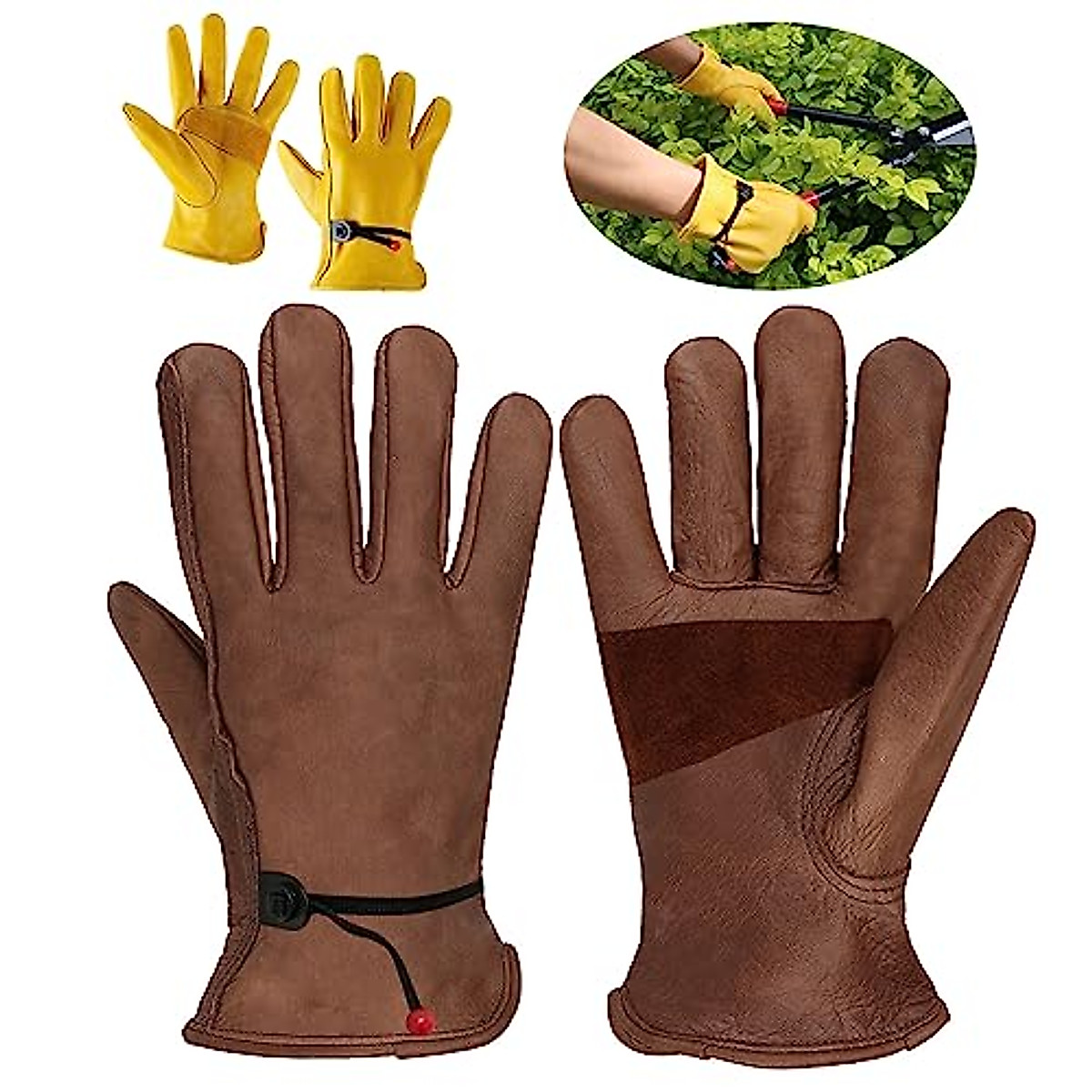 SquEqu 2 Pairs Gardening Gloves Cowhide Leather Work Gloves Tough Working Glove for Men Women Weeding Digging Planting Welding Worker Safety Protection Sports Driver (M)