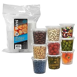 PAMI Deli Plastic Containers With Lids [24-Pack, 24oz] - Small Food Containers For Sauces, Salsas, Dips - BPA-Free, Microwave & Freezer Safe Food Storage Pots- Clear Meal Prep Condiment Containers