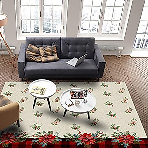 Indoor Area Rug - Welcome Mat Living Room Area Rugs Washable Non-Slip Floor Carpet for Bedroom Farmhouse Dorm (Merry Christmas Red Poinsettia Berries Burlap Red Plaid, 5'x8')