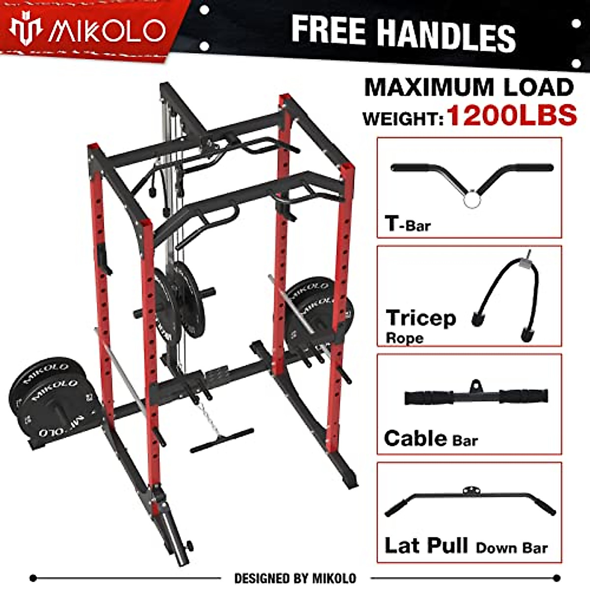 Mikolo Power Cage, Power Rack with LAT Pulldown, 1200 Pounds Capacity Workout Cage with More Training Attachments, Squat Rack for Home Gym, F4-301