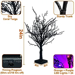 [ Timer ] 24 Inch Orange & Purple Lighted Halloween Tree with 24 LED Black Twigs Tree Lights Battery Operated Tabletop Halloween Spooky Tree Decorations for Indoor Home Party Holiday Festival Decor