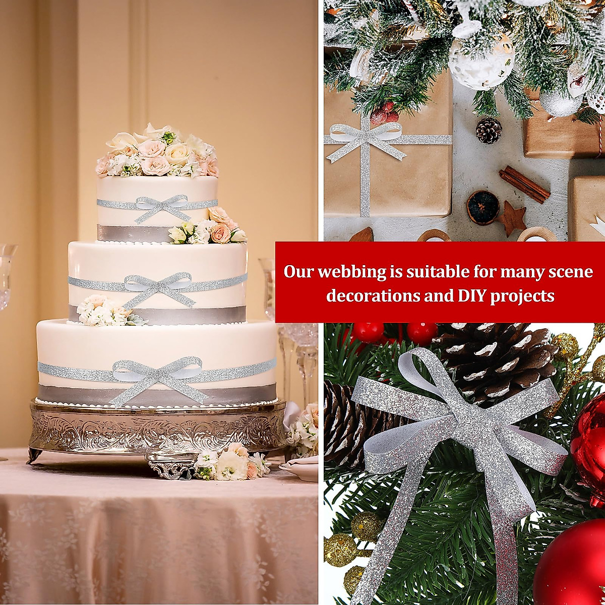 Syhood 50 Yards Valentines Glitter Ribbon Wrapping 3/8 Wide Sparkle Waterproof Sparkly Ribbon Balloon String for DIY Craft Wrapping Wedding Valentine‘s Day Decoration(Sliver)