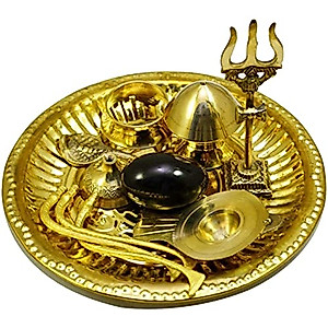 M Francisco Shiva Ling Lingam Shivling Prayer Statue Brass Stand with Thali + Hare Ram Hare Krishna Tulsi Bracelet