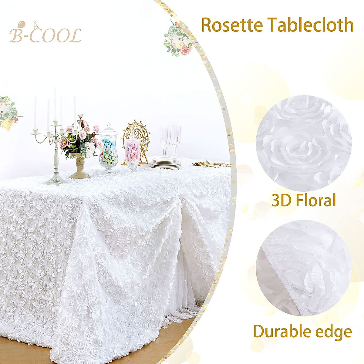 B-COOL White Table Cloth Rectangle 60 x102 Inches for Parties Rosette Wedding Tablecloth Party Table Decor Satin Floral Table Cover for Baby Shower Home Decorations