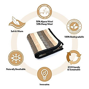 Alpaca Warehouse Alpaca Sheep Wool Blanket King/Full-Queen/Twin Size Thick Heavyweight Comfortably Warm - Great for Outdoor Use - Striped Design (Beige/Brown/Gray, King)