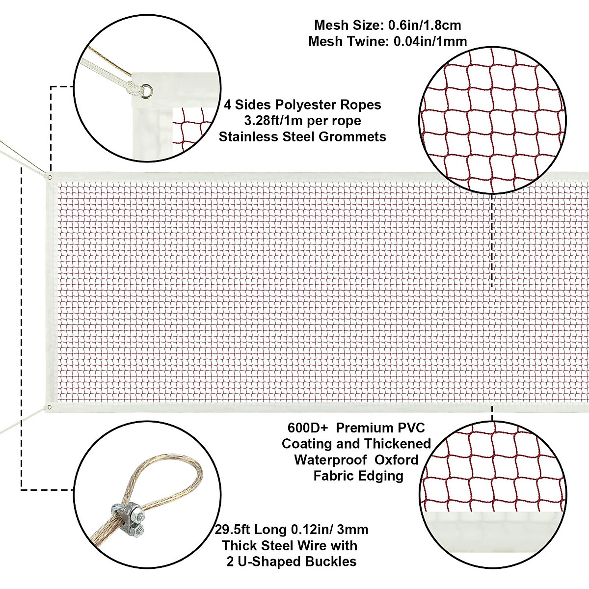 ATINUS Badminton Net for Backyard,Portable Badminton Nets Heavy Duty for Kids Adults, 20 FT x 2.5 FT Professional Badminton Replacement Net with Steel Wire for Indoor Outdoor