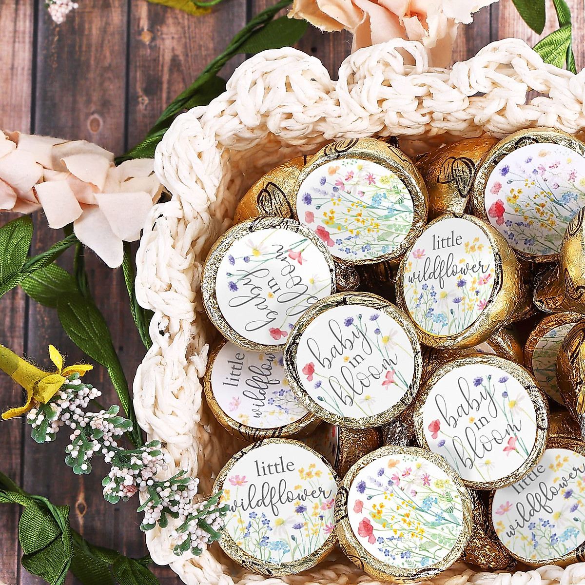 Little Wildflower Baby Shower Chocolate Kisses Candy Stickers, Baby in Bloom Decorations, She's a Wildflower Party Favor Stickers, It's a Girl Spring and Summer - 180 Count