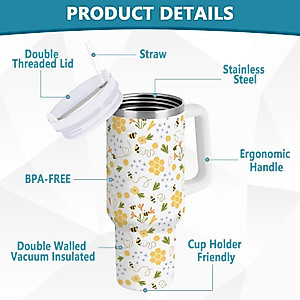 MCHIVER Bee Honey 30 oz Tumbler with Handle and Straw Stainless Steel Vacuum Water Bottle Leak-proof Travel Coffee Mug Thermos Water Bottle for Hot Cold Beverages