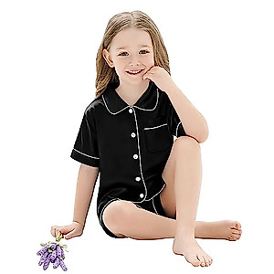 SWOMOG Kids Satin Pajama Set Size 6-7 Girls Boys Button Down Sleepwear Silk Pjs Set Short Sleeve 2 Pcs Summer Outfits Shorts Set Black