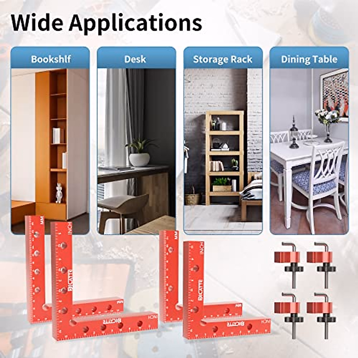 DICATTE 90 Degree Positioning Square Right Angle Clamp(5.5" +4.7") Aluminum Alloy Woodworking Carpenter Tool,4 Pcs Right Angle Clamps With 4 Clamps,For Picture Frame Box Cabinets Drawers (RED)