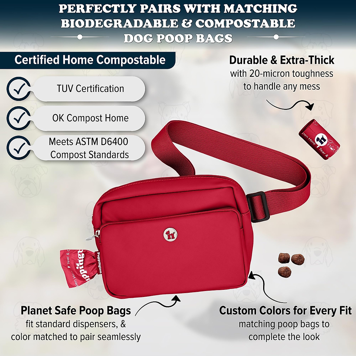 Puppington 3-in-1 Crossbody Bag & Dog Treat Pouch for Pet Training - Matching Poop Bags & Built-In Poop Bag Dispenser - Zippered Pockets - Dog Walking Bag for Office to Off-Leash (Ruby Red)