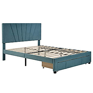 Lifeand Queen Size Storage Bed Velvet Upholstered Platform Bed with a Big Drawer - Blue