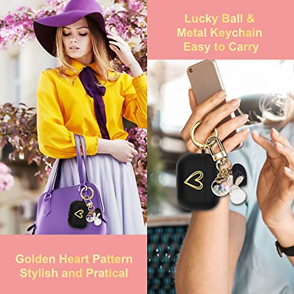 Aiiko AirPods Pro 2 Case, Apple Airpods Pro 2nd Generation Case with Gold Heart Cute Lucky Ball Keychain Compatible Airpods Pro 2nd Generation Soft TPU Airpods Pro 2 Case Cover for Girls Women(Black)