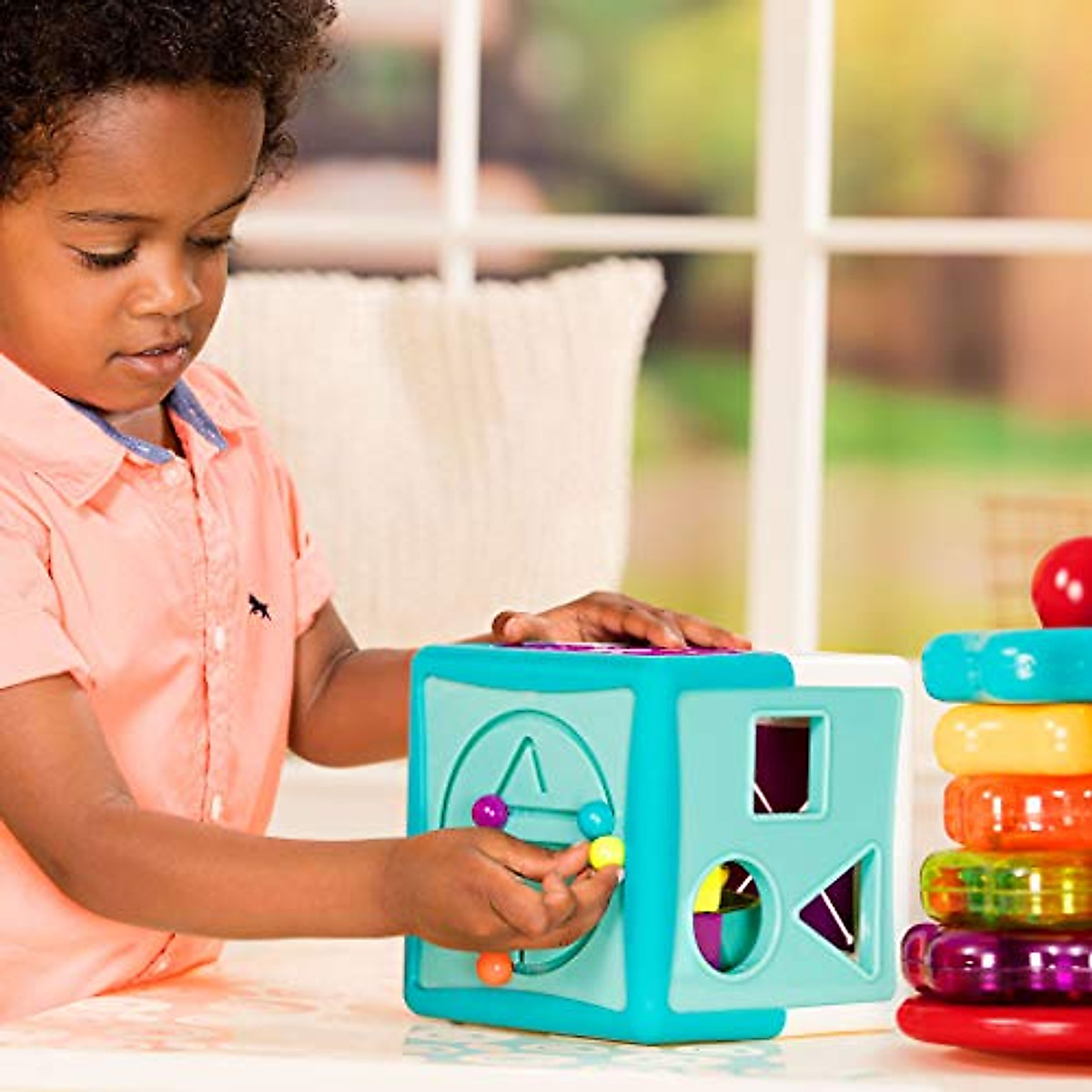 Battat – Sort & Stack Combo – 17-Piece Sensory Sorting Set – Activity Cube With Bead Maze – Educational & Dexterity Toys – 2 Years + – Shape Sorter Cube + Stacking Rings