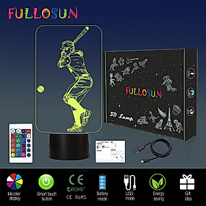 Baseball 3D Night Light, Baseball Batter Sport Gifts Bedside Lamp for Xmas Holiday Birthday Gifts for Kids Baseball Fan with Remote Control 16 Colors Changing + 4 Changing Mode + Dim Function