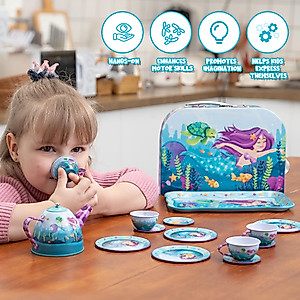 JOYIN Mermaid Tea Set for Toddlers Tea Party Set for Children Kids Pretend Role Play Tin Teapot Set with Cups, Plates and Carrying Case Kitchen Toy for Little Girls Birthday Gifts Age 3 4 5 6