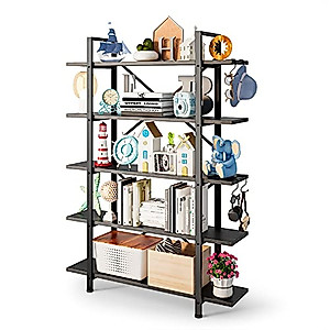 Gizoon 5 Tier Bookshelves for Storage, Industrial Tall Wood Bookshelf with 4 Hooks, Metal Frame Display Shelves for Bedroom, Living Room, Kitchen, Black