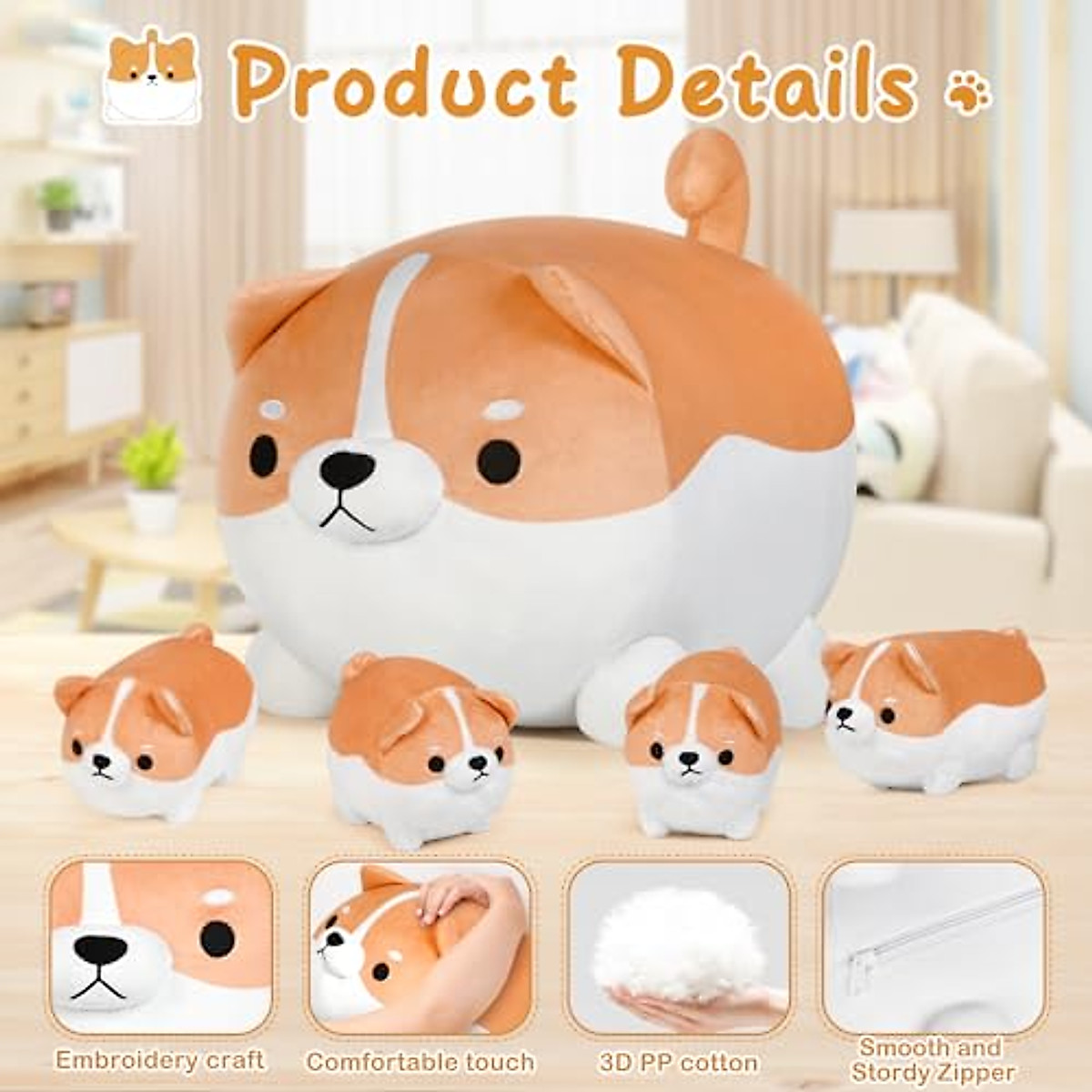 KMUYSL Unicorn Toys for Girls Ages 3 4 5 6 7 8+ Year - Unicorn Mommy Stuffed Animal with 4 Baby Unicorns in Her Tummy, Plush Toys Set for Girls, Kids (Corgi Puppies)