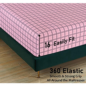 RUVANTI Flannel Sheets Full Size - 100% Cotton Brushed Flannel Bed Sheet Sets - Deep Pockets 16 Inches - All Seasons Breathable & Super Soft - Warm & Cozy - 4 Pcs - Check & Bolt Pink