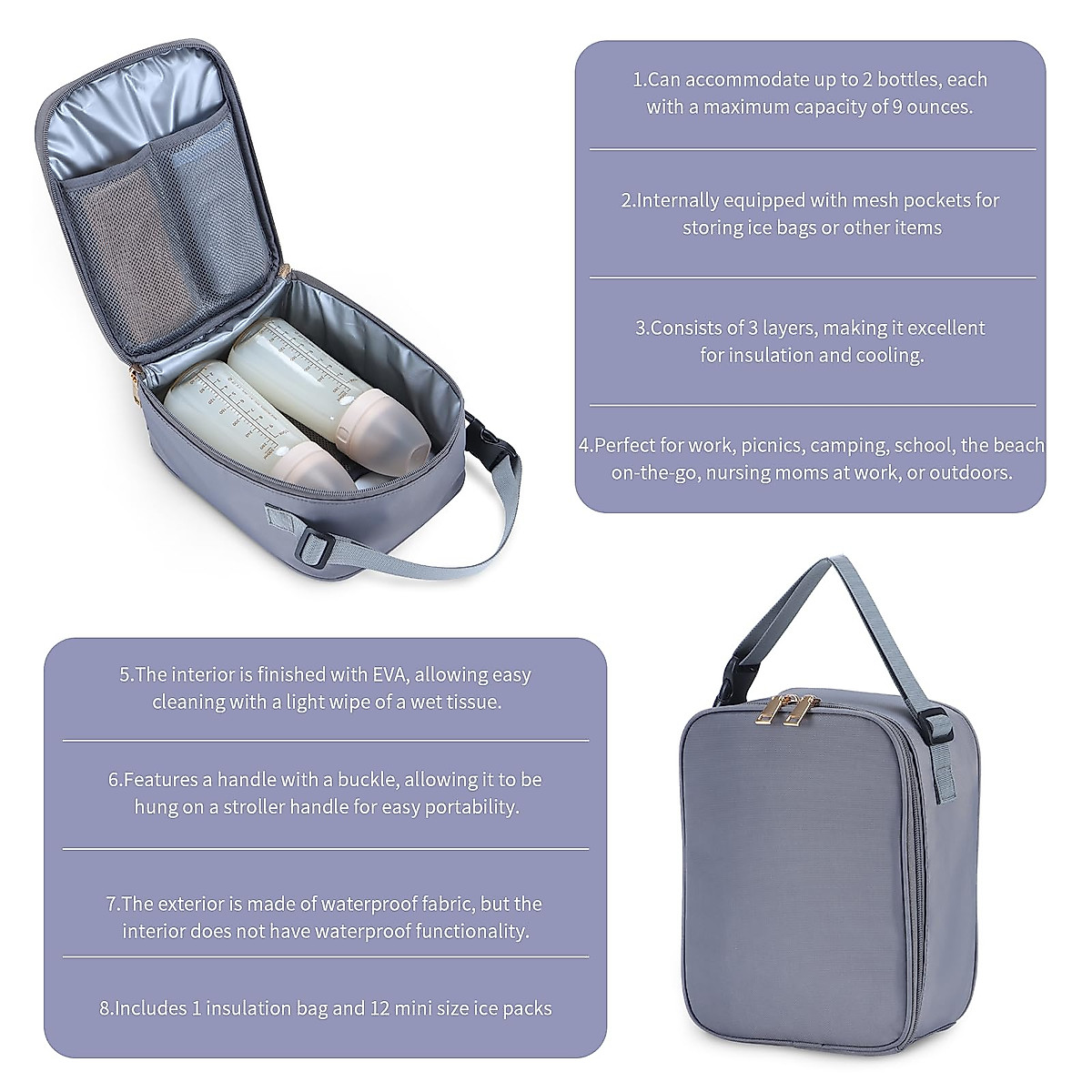 AURAUS Breast Milk Cooler Bag with Ice Packs Fits 2 Baby Bottles Up to 9 Ounce Suitable for Nursing Mom Daycare (Grey)