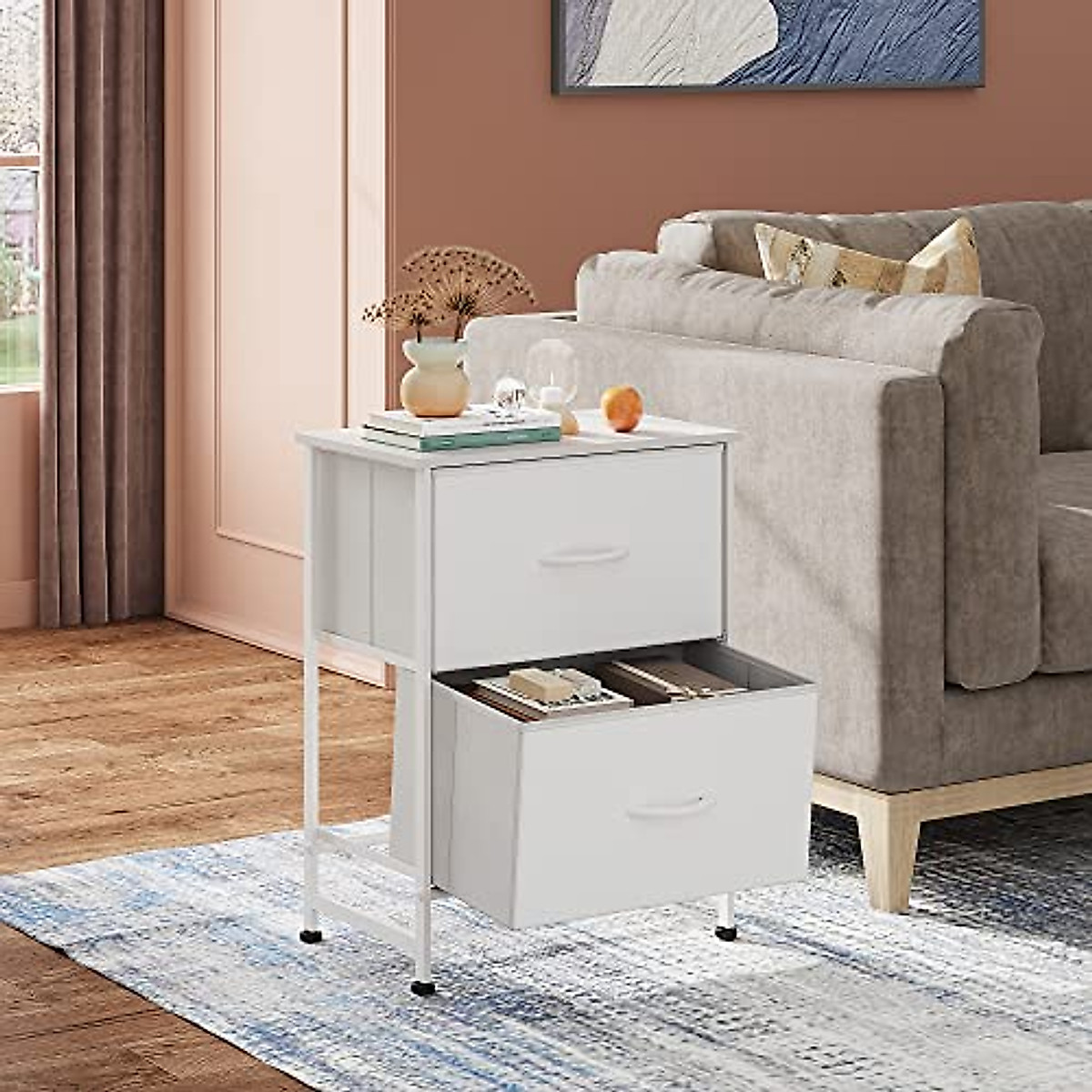 WLIVE 2-Drawer Nightstand and 5-Drawer Dresser Set, Dressers for Bedroom, Fabric Storage Tower, Hallway, Entryway, Closets, Sturdy Steel Frame, Wood Top, Easy Pull Handle (White)