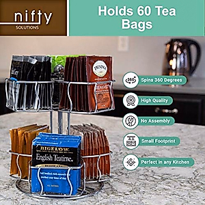 Nifty Tea Bag Spinning Carousel – 6 Compartments, Up to 60 Tea Bags Storage, Spins 360-Degrees, Lazy Susan Platform, Modern Chrome Design, Home or Office Kitchen Counter Organizer