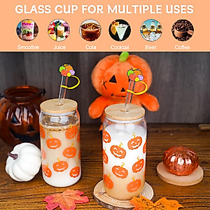 ANOTION Fall Glass Cups with Lids and Straws - Autumn Thanksgiving Halloween Gifts for Women - 2 Pack 18oz Fall Smile Pumpkins Mug, Pumpkin Glass Jar Drinking Glasses Iced Coffee Cup, Halloween Decor