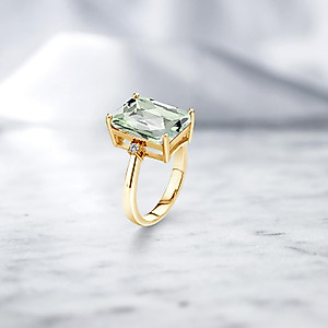 Gem Stone King 18K Yellow Gold Plated Silver Green Prasiolite and White Diamond Ring For Women (6.67 Cttw, Emerald Cut Checkerboard 14x10MM, Gemstone Birthstone, Available In Size 5, 6, 7, 8, 9)