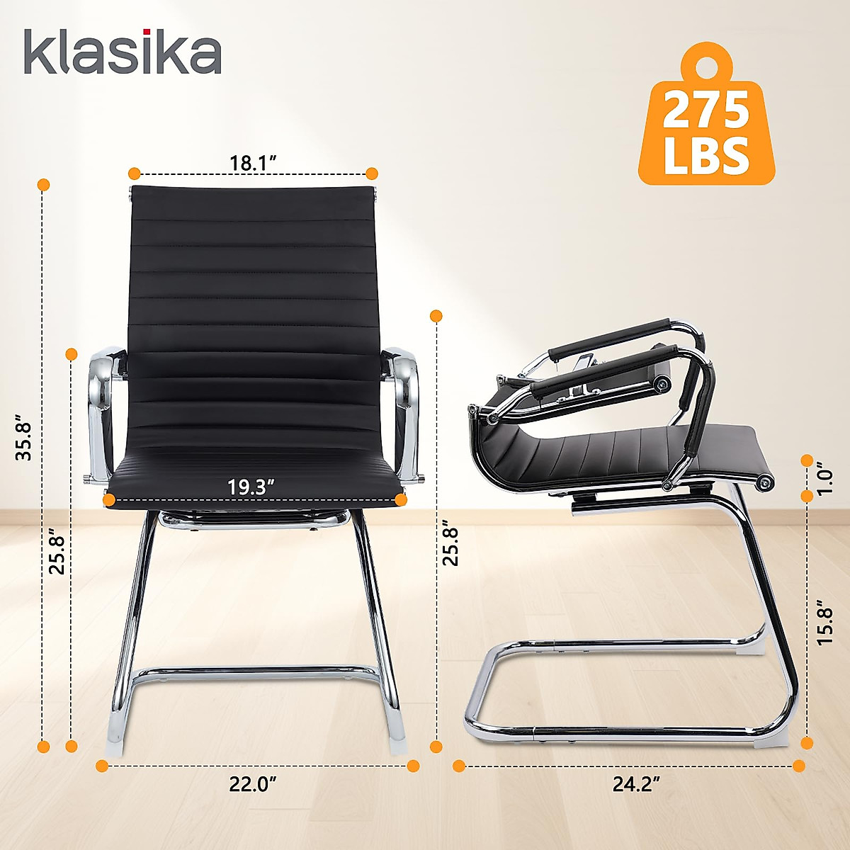 KLASIKA Office Guest Chair Leather Reception Without Wheels with Sled Base for Desk Conference Area Waiting Room Set of 8
